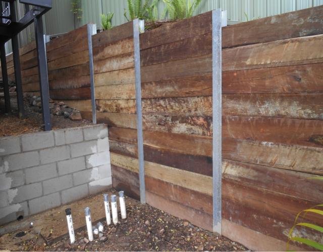 Robust Hardwood Sleeper Wall with H Beam Posts and Platypus Anchor ...
